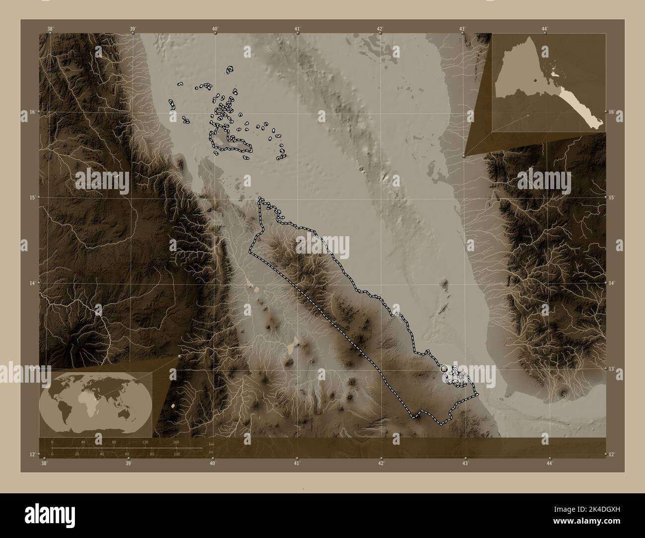 Debubawi Keyih Bahri, region of Eritrea. Elevation map colored in sepia ...
