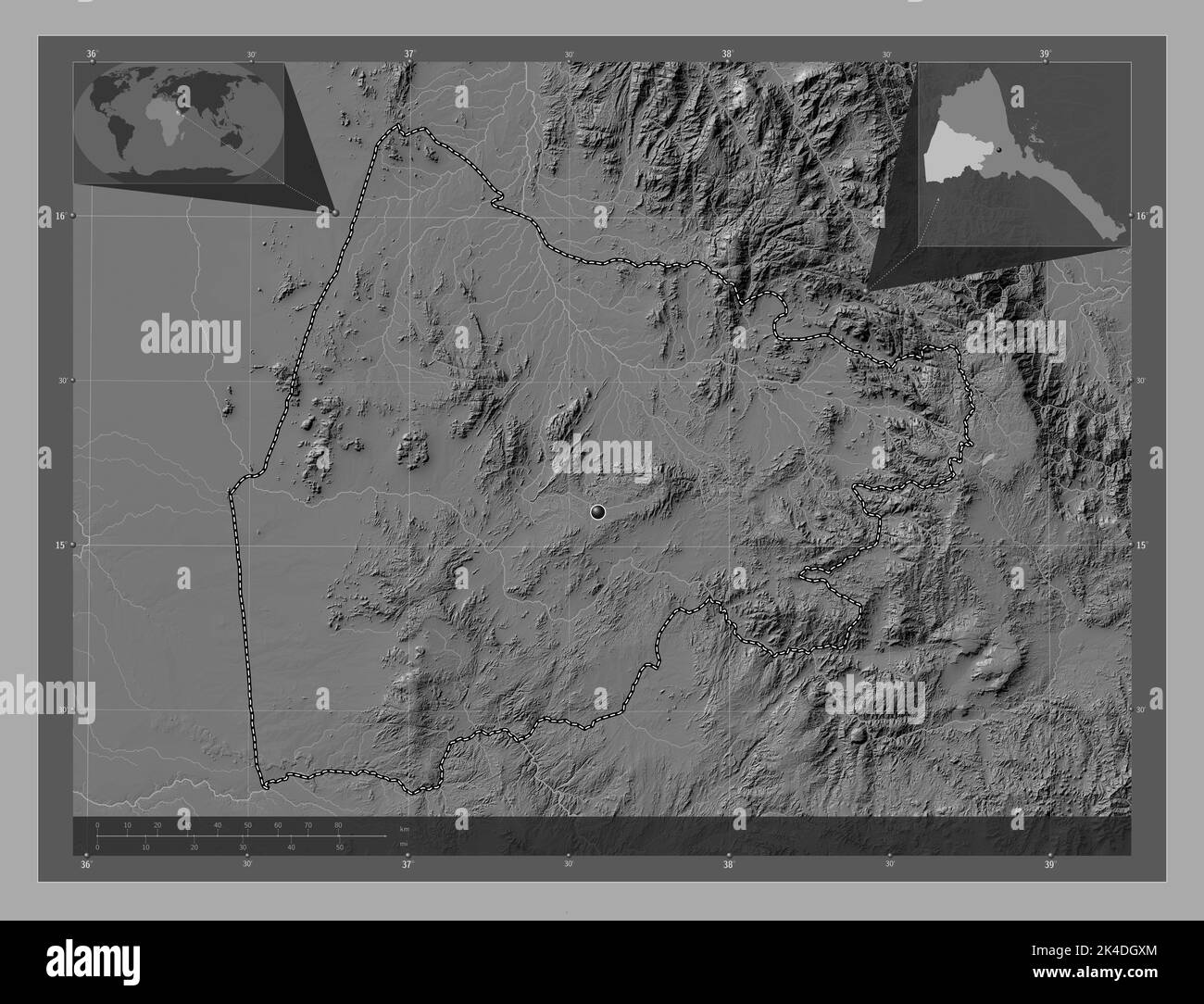 Gash Barka, region of Eritrea. Bilevel elevation map with lakes and ...