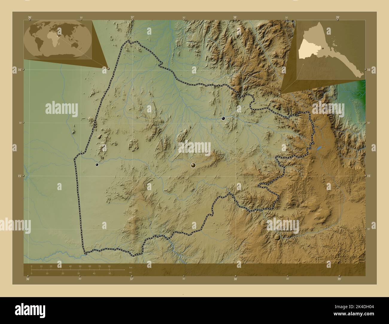 Gash Barka, region of Eritrea. Colored elevation map with lakes and ...