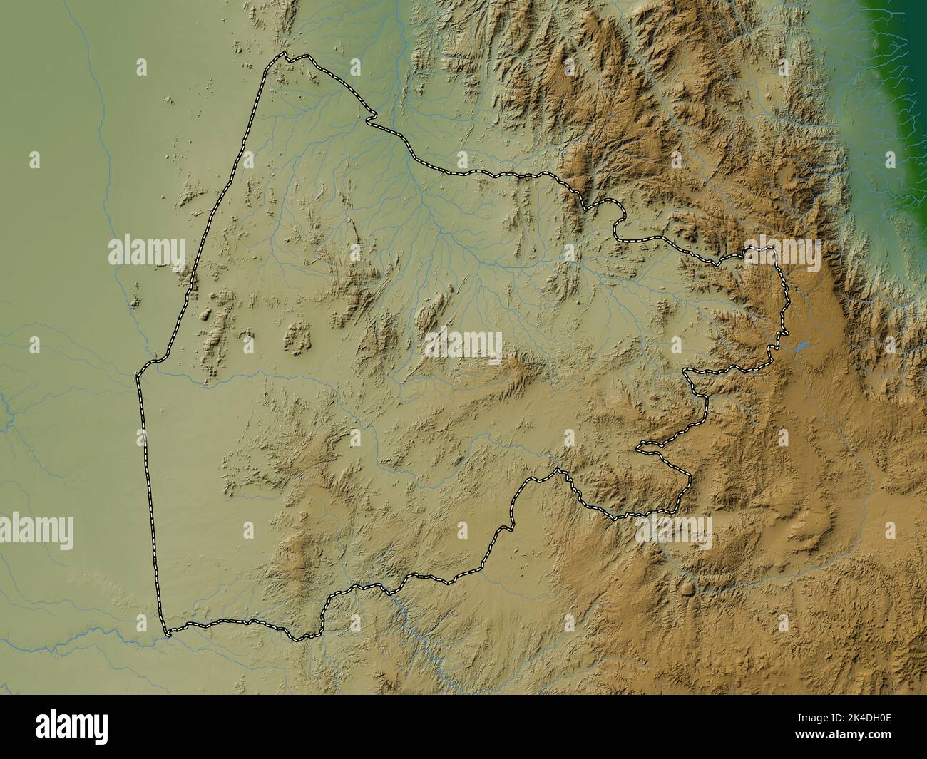 Gash Barka, region of Eritrea. Colored elevation map with lakes and ...