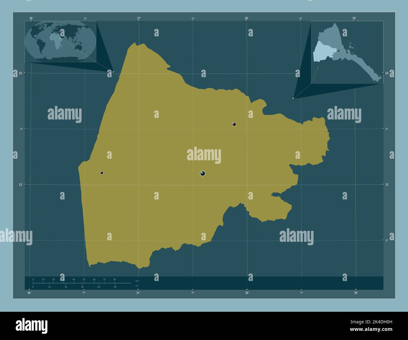 Gash Barka, region of Eritrea. Solid color shape. Locations of major ...