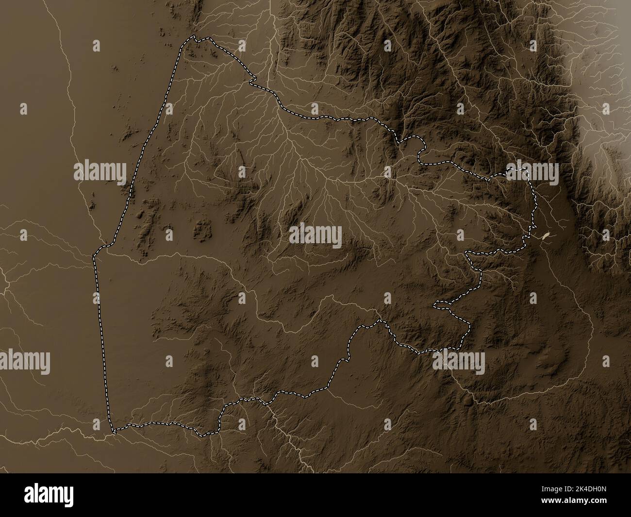 Gash Barka, region of Eritrea. Elevation map colored in sepia tones ...