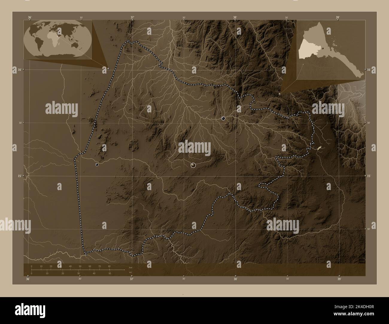 Gash Barka, region of Eritrea. Elevation map colored in sepia tones ...