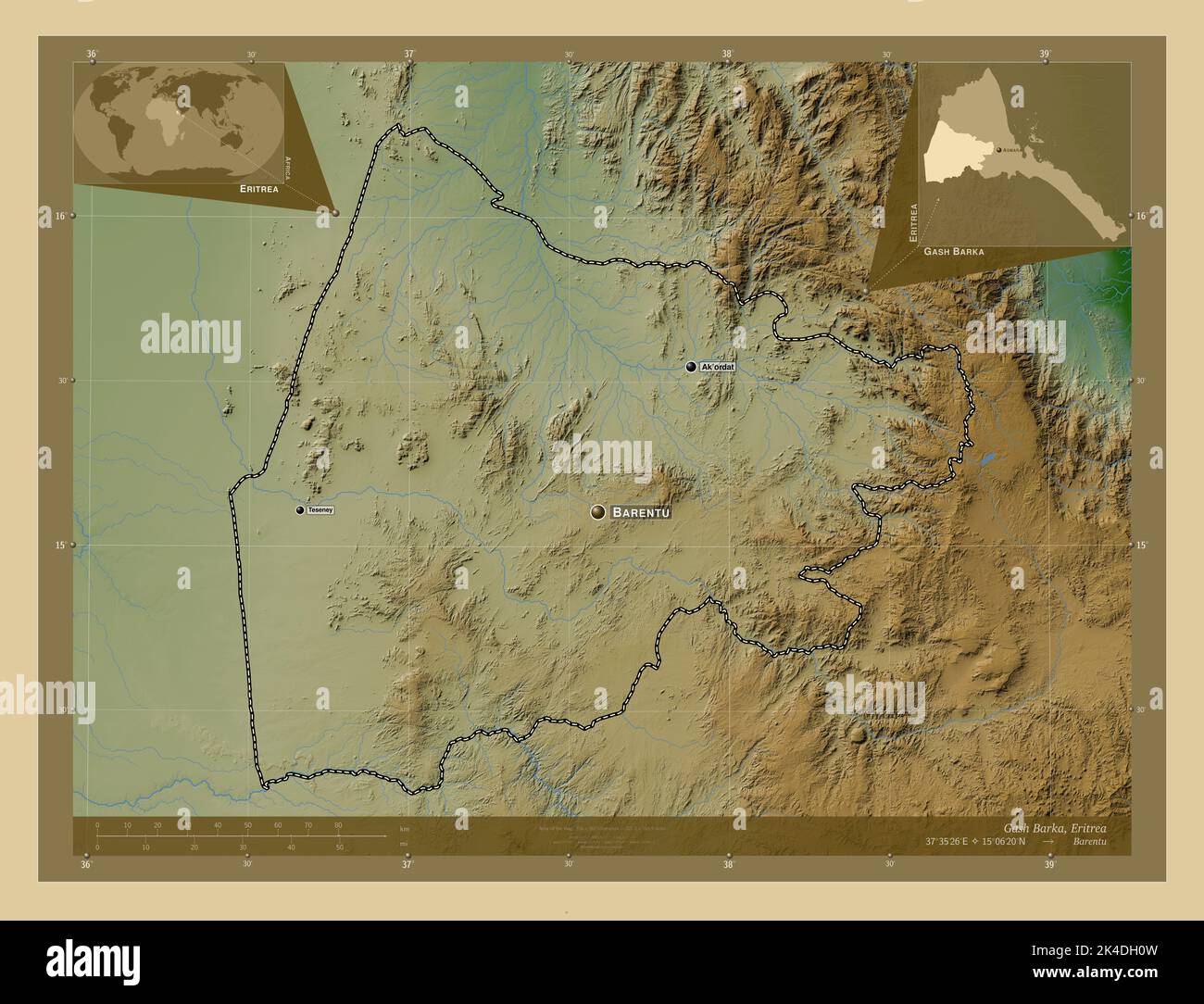 Gash Barka, region of Eritrea. Colored elevation map with lakes and ...
