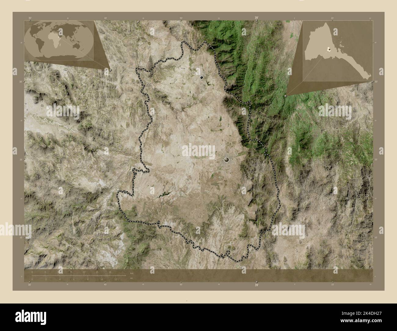 Maekel, region of Eritrea. High resolution satellite map. Locations of ...