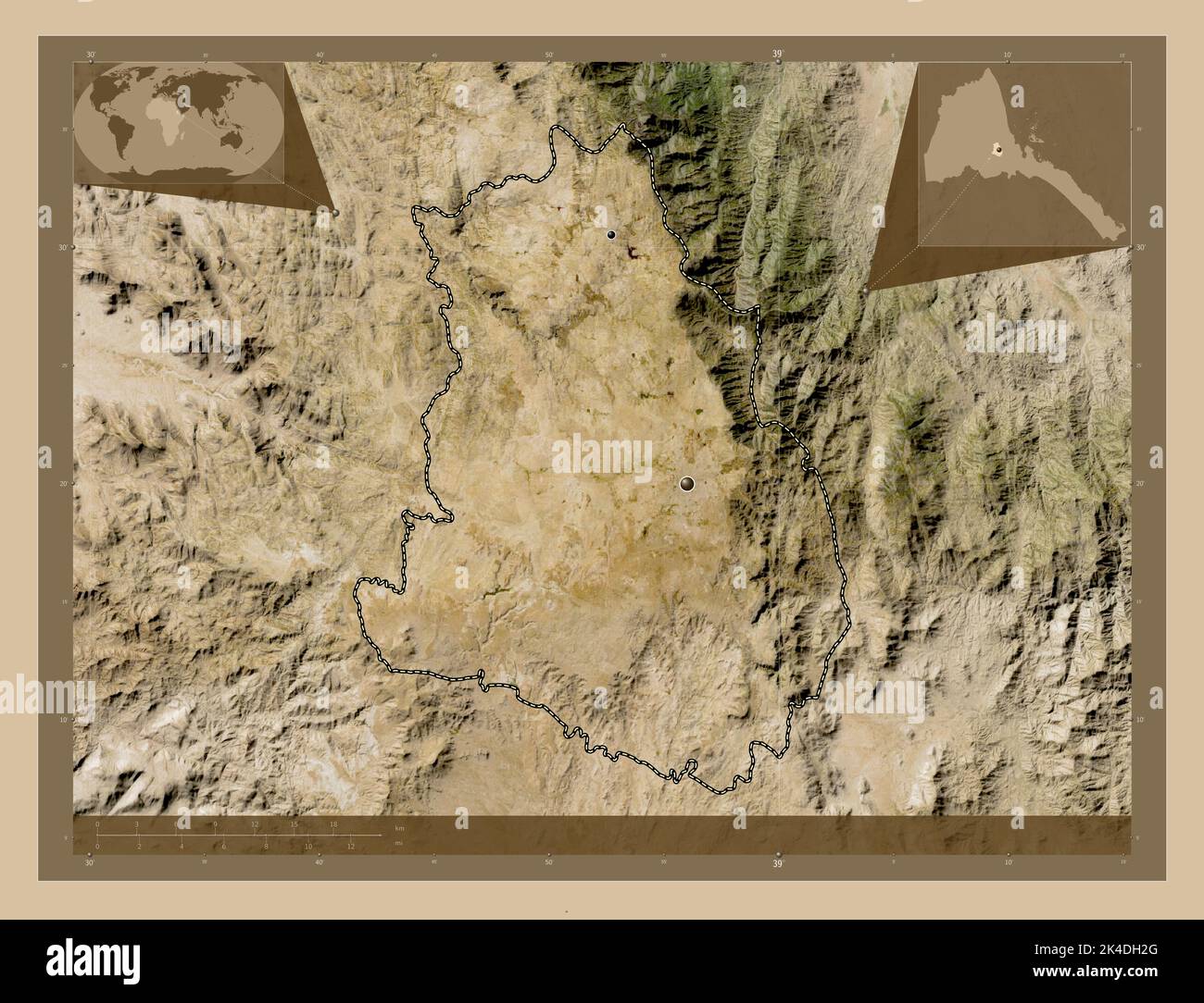 Maekel, region of Eritrea. Low resolution satellite map. Locations of ...