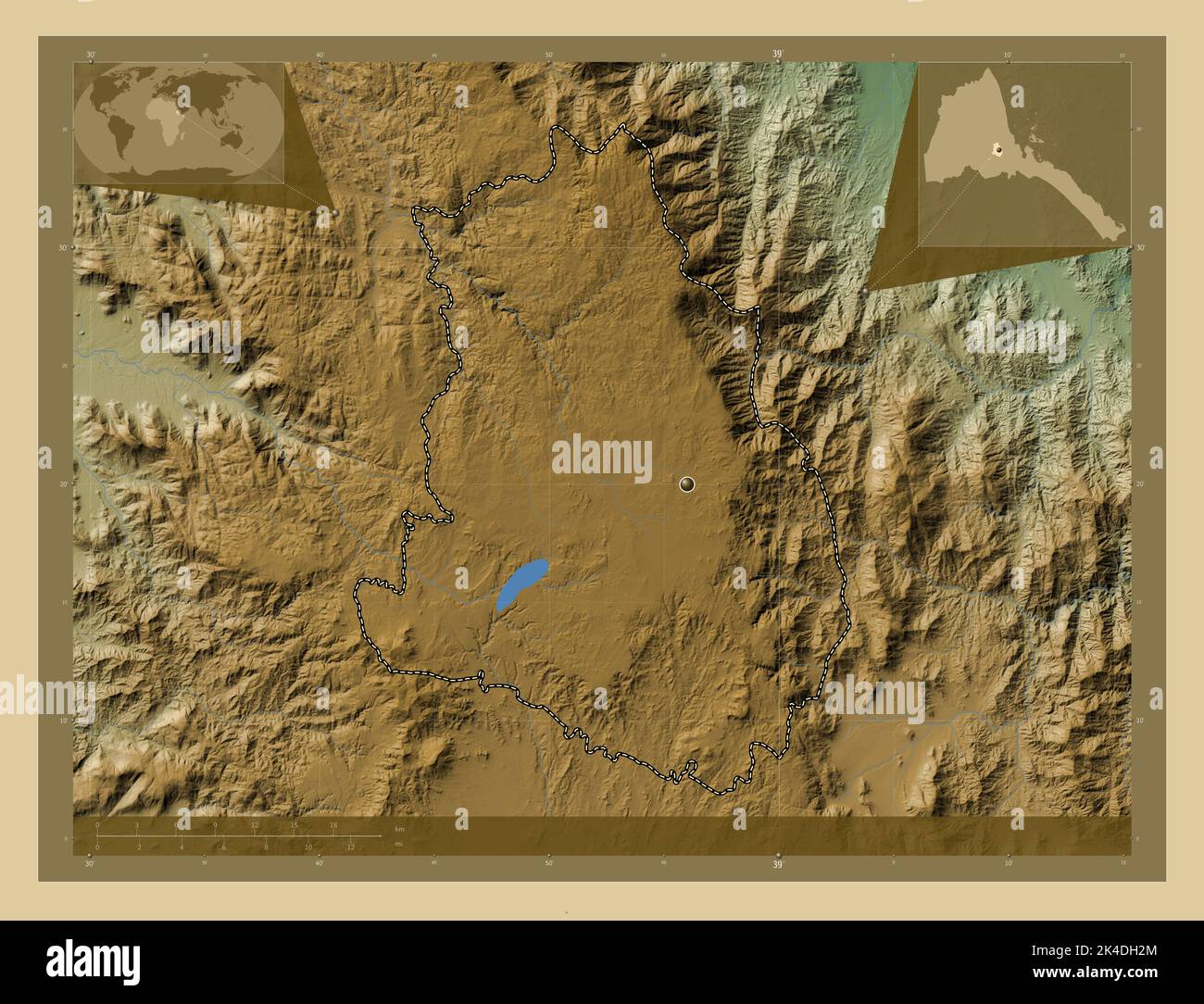 Maekel, region of Eritrea. Colored elevation map with lakes and rivers ...