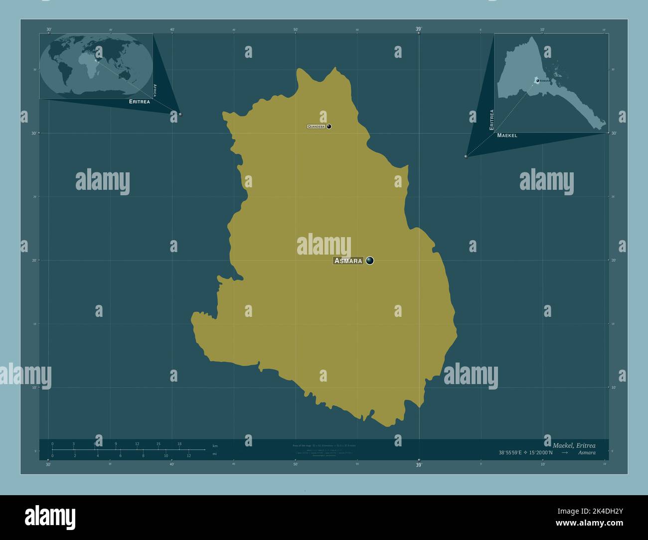 Maekel, region of Eritrea. Solid color shape. Locations and names of ...