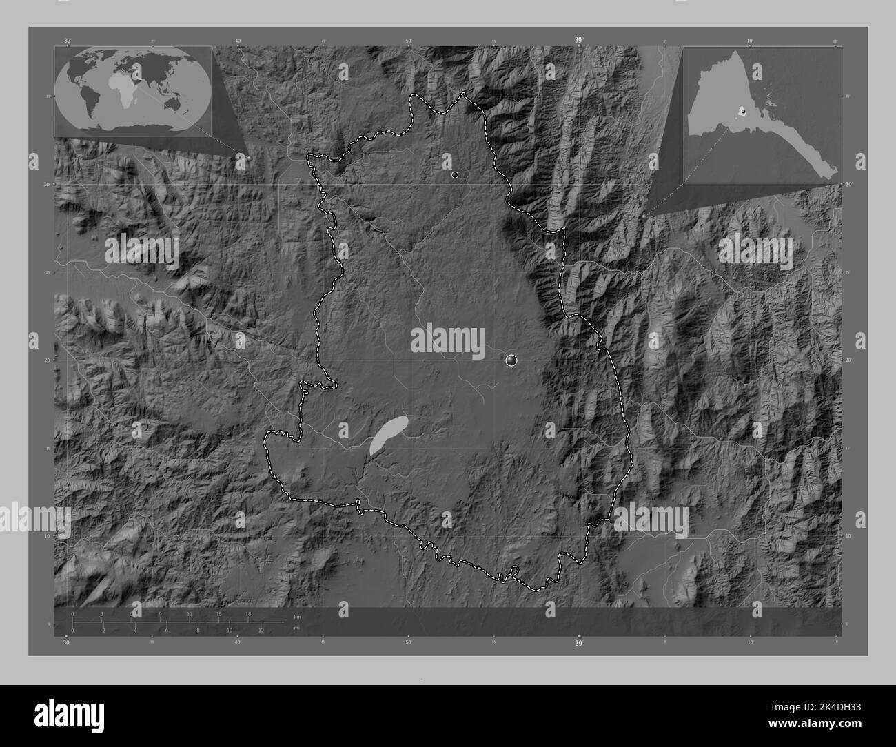 Maekel, region of Eritrea. Grayscale elevation map with lakes and ...
