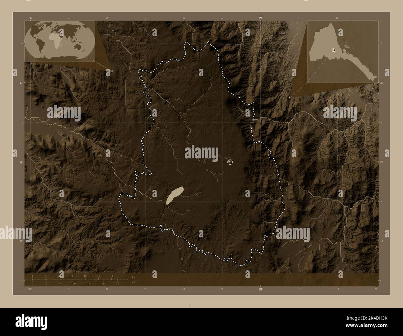 Maekel, region of Eritrea. Elevation map colored in sepia tones with ...