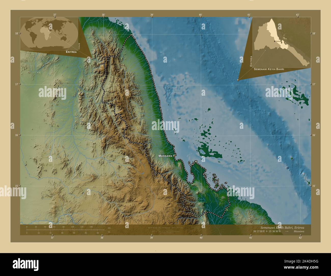 Semenawi Keyih Bahri, region of Eritrea. Colored elevation map with ...