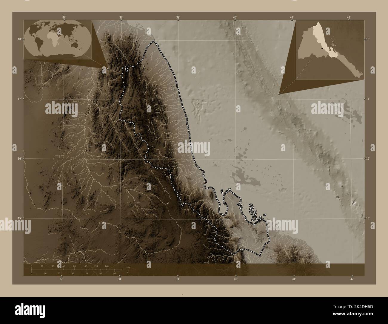 Semenawi Keyih Bahri, region of Eritrea. Elevation map colored in sepia ...