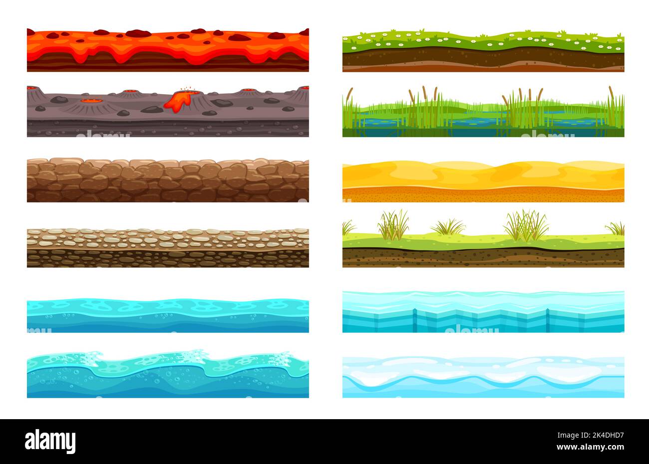 Soil ground layer, game level surface. Vector lava, ice and sea, water ...