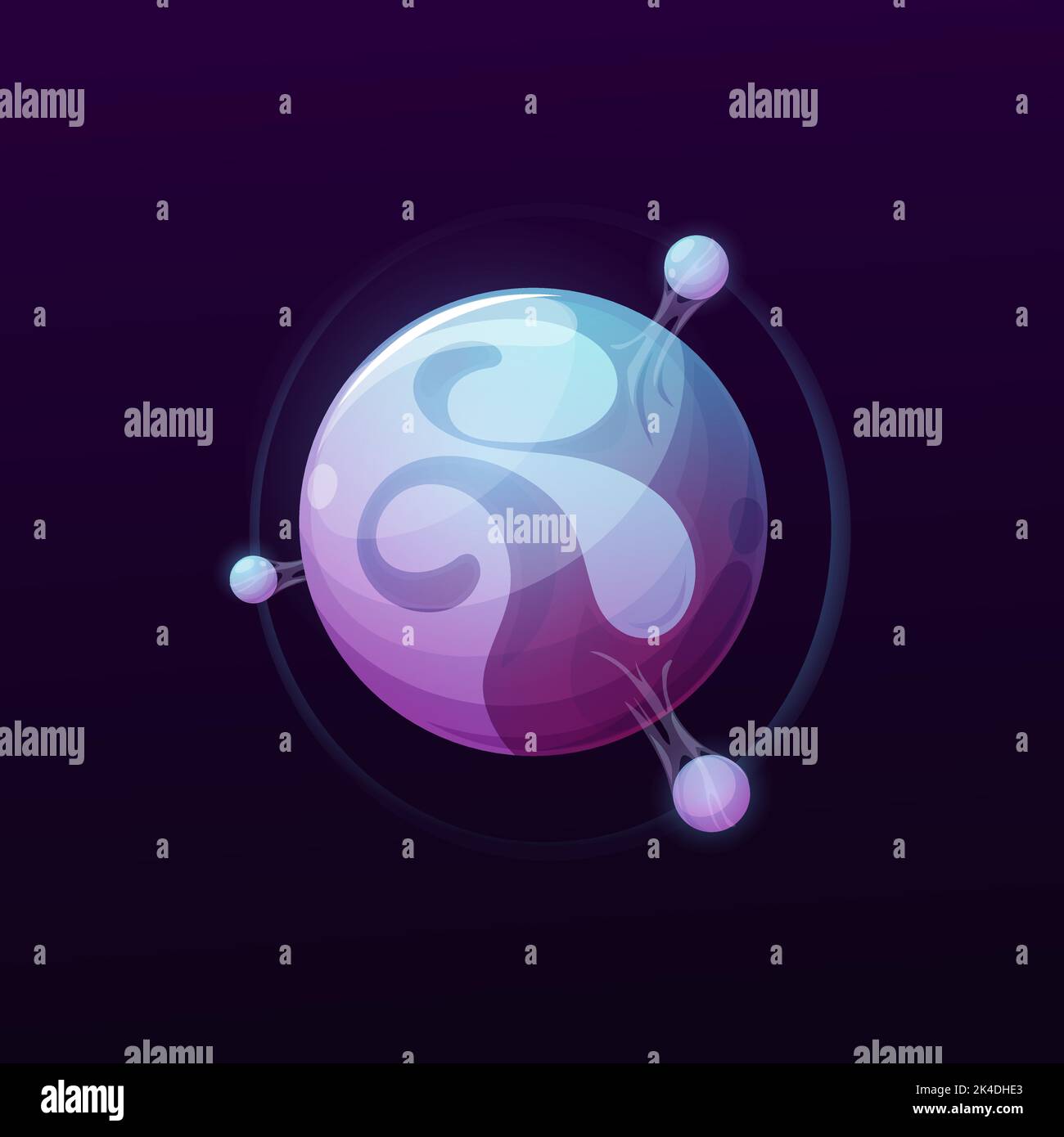 Cartoon blue and purple planet with satellites or orbit. Game UI ...