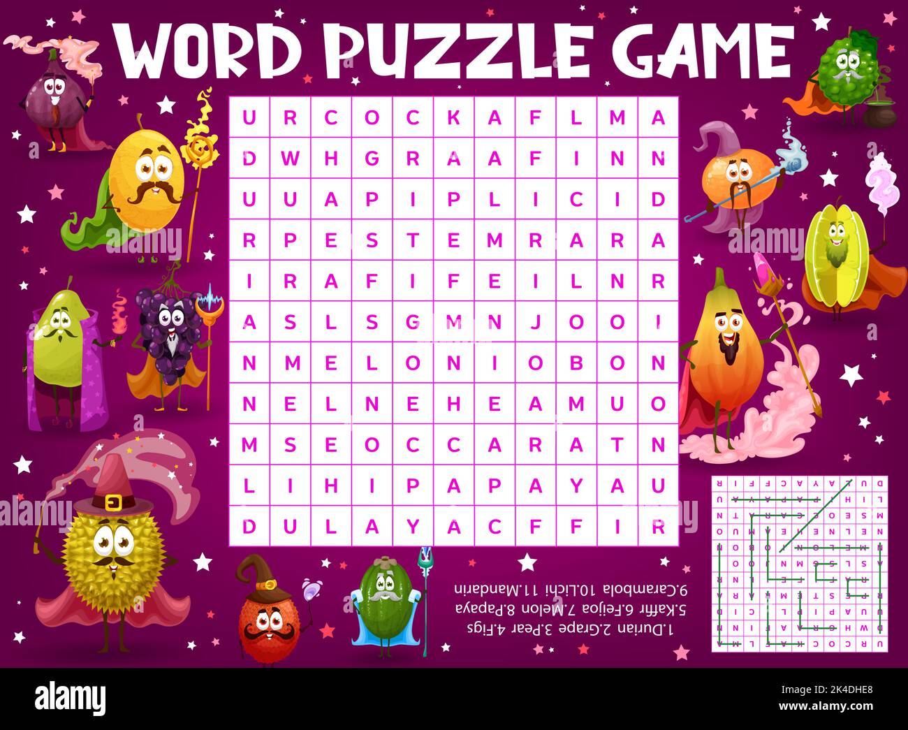 Cartoon fruit wizard, warlock, magician and sorcerer word search puzzle ...
