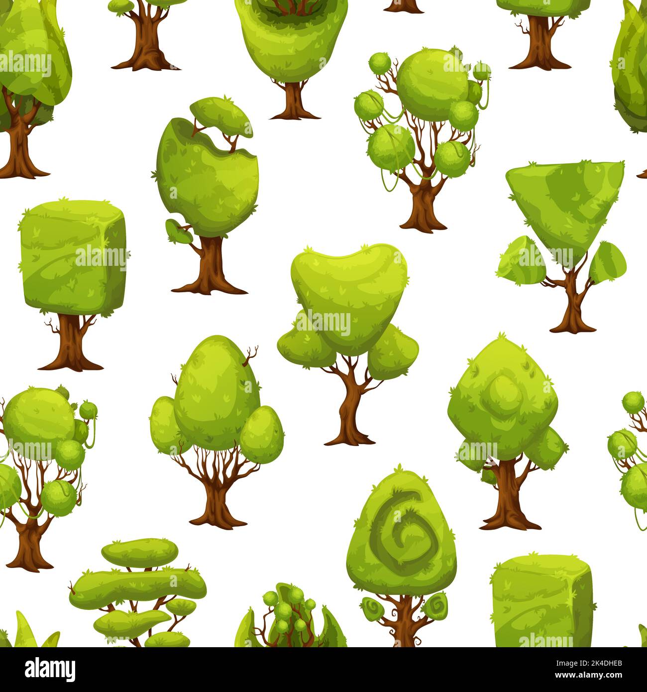 Cartoon fantasy forest and jungle green trees seamless pattern ...