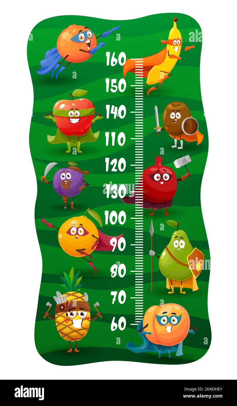 Kids height chart, cartoon superhero and defender fruit vector ...