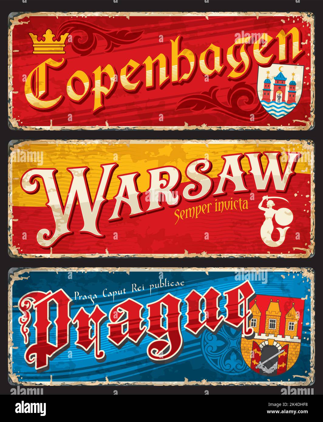 Copenhagen, Warsaw, Prague city travel stickers and plates, vector tin ...