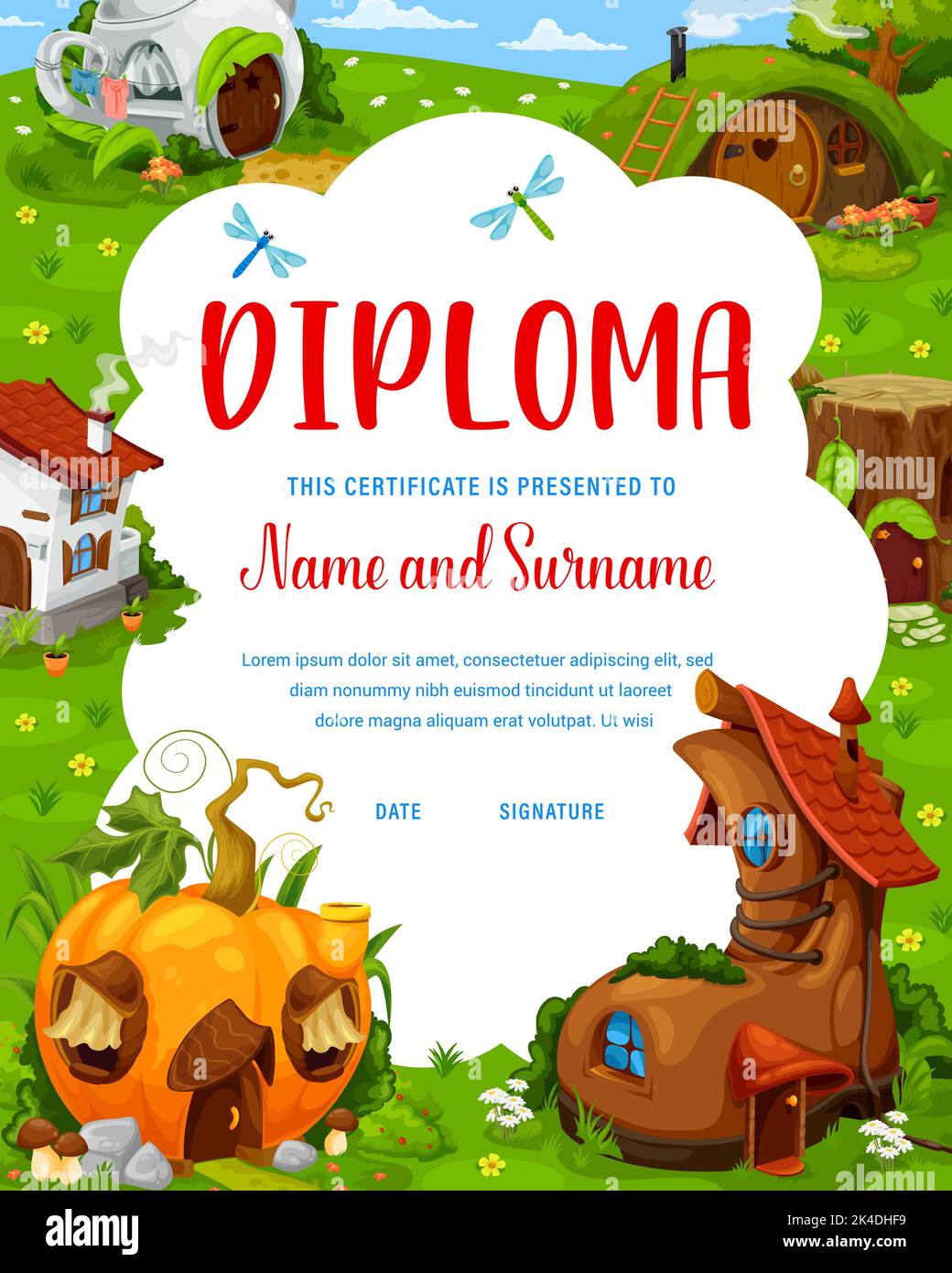 Kids diploma with fantasy pot and pumpkin, boot and stump houses or ...