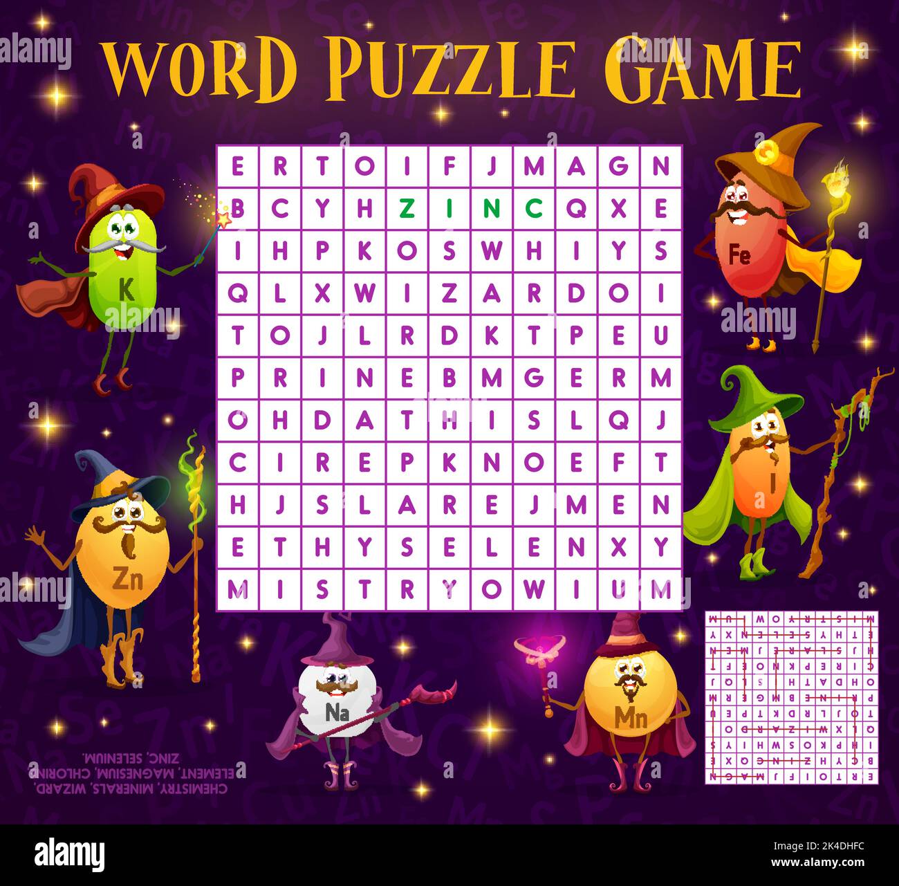 Word search puzzle game, micronutrients wizard and mage characters ...