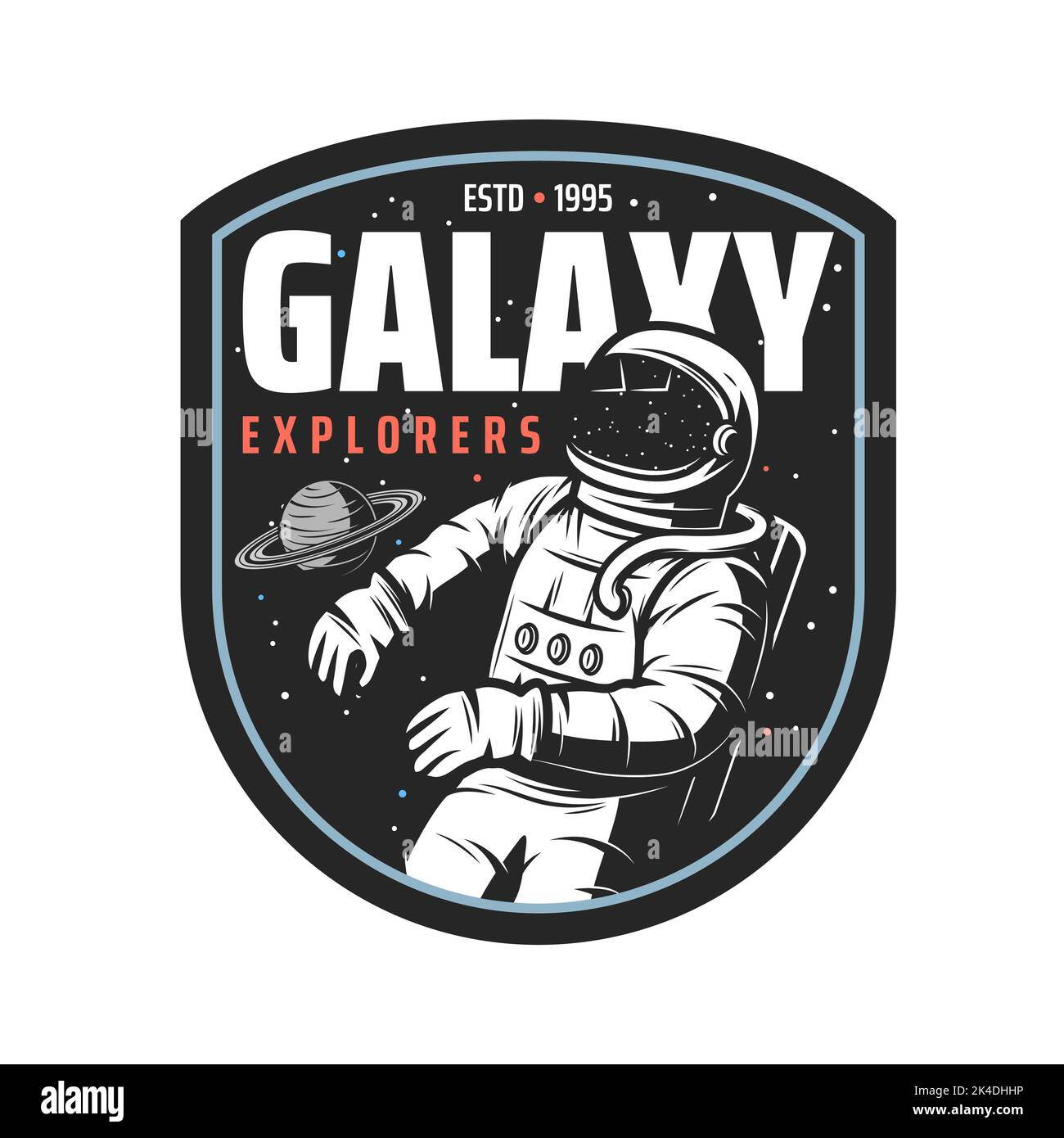 Galaxy explorers icon, vector emblem with astronaut in outer space and ...
