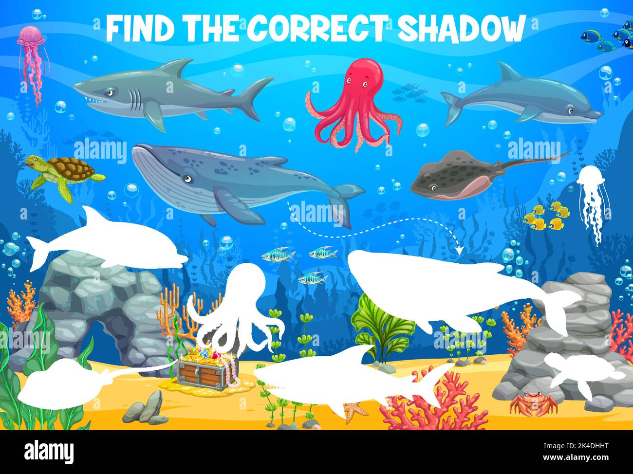 Underwater landscape, find the correct shadow of sea animals and fish ...