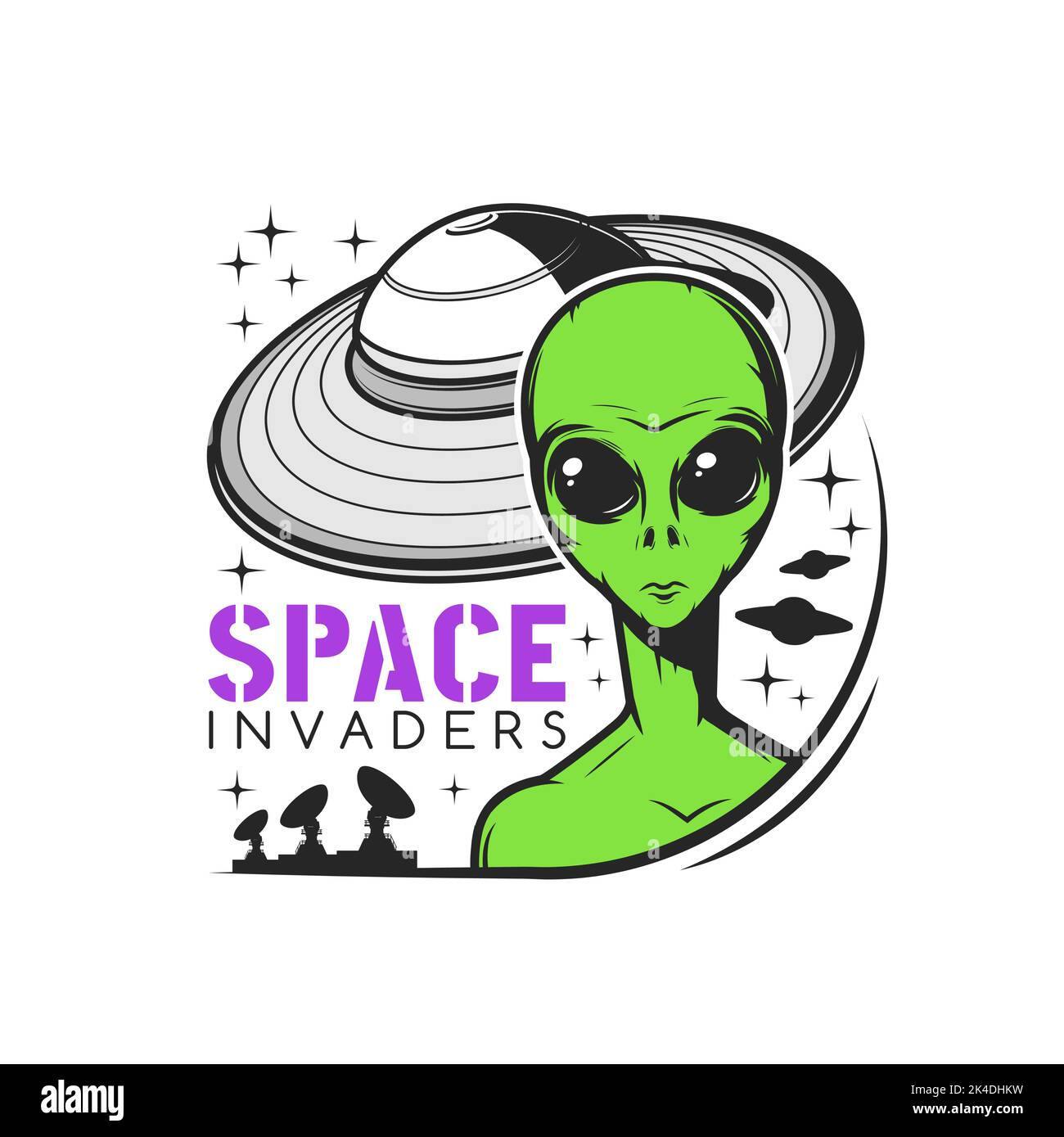 Space invaders icon with green alien creature and flying saucer ...