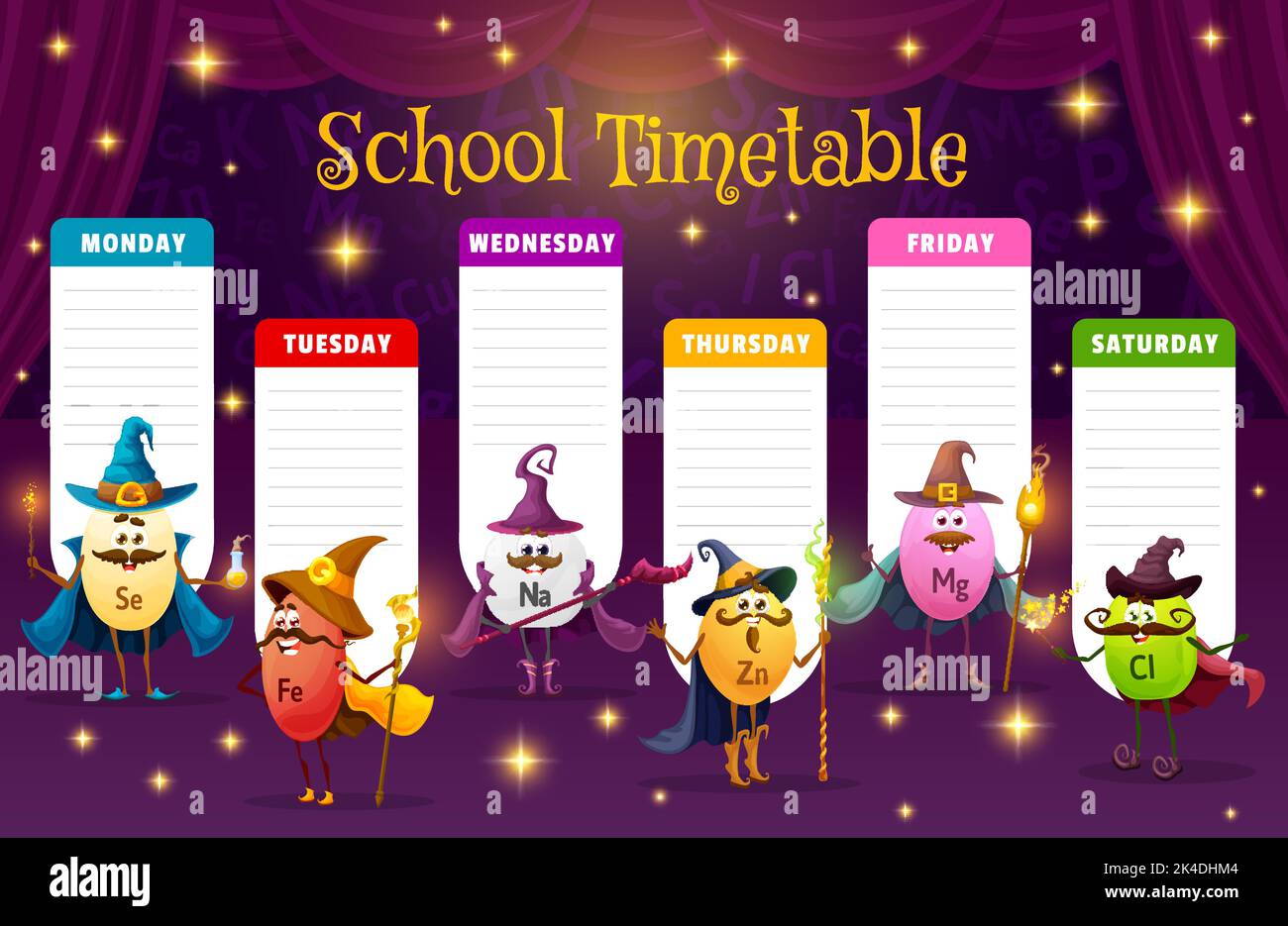 Timetable schedule, micronutrient wizard and mage characters, vector ...