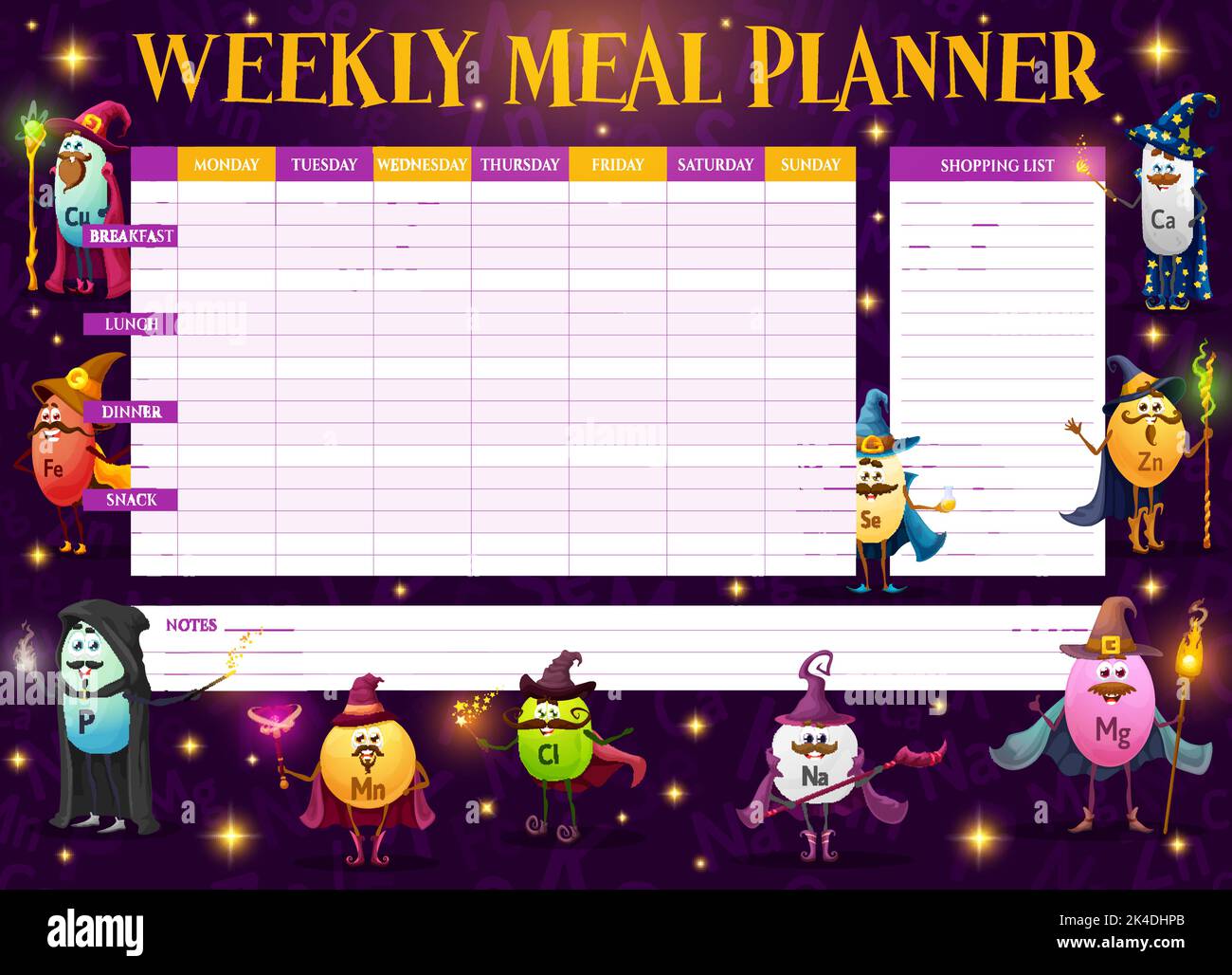 Weekly meal planner, micronutrients wizard and mage characters, vector ...