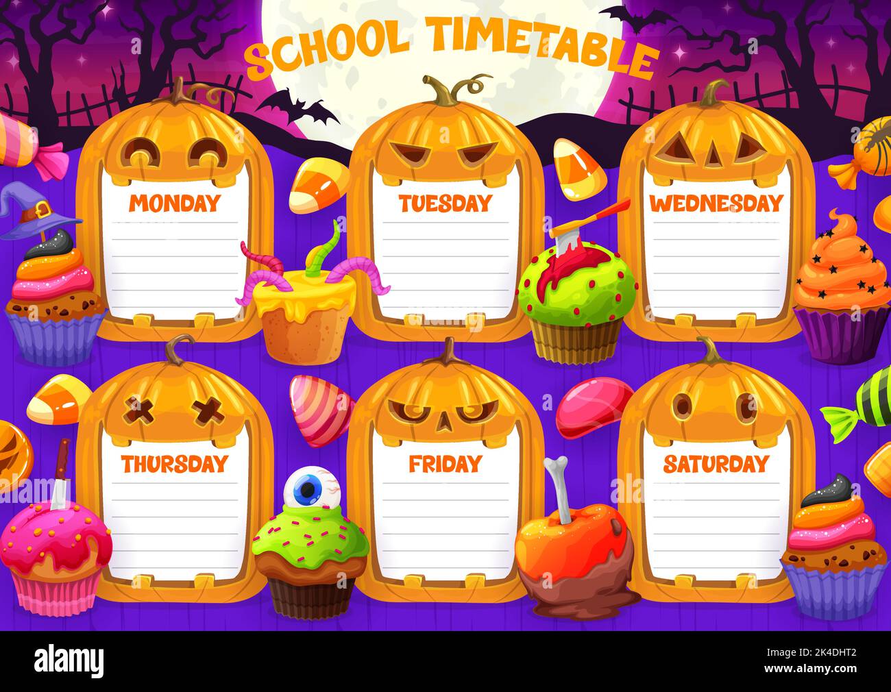 School Halloween timetable schedule with cartoon pumpkins and holiday ...