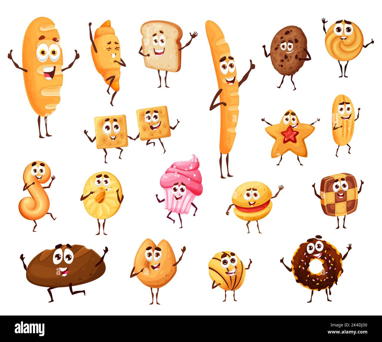 Bread, pastry and confectionery cartoon funny characters, vector bakery ...