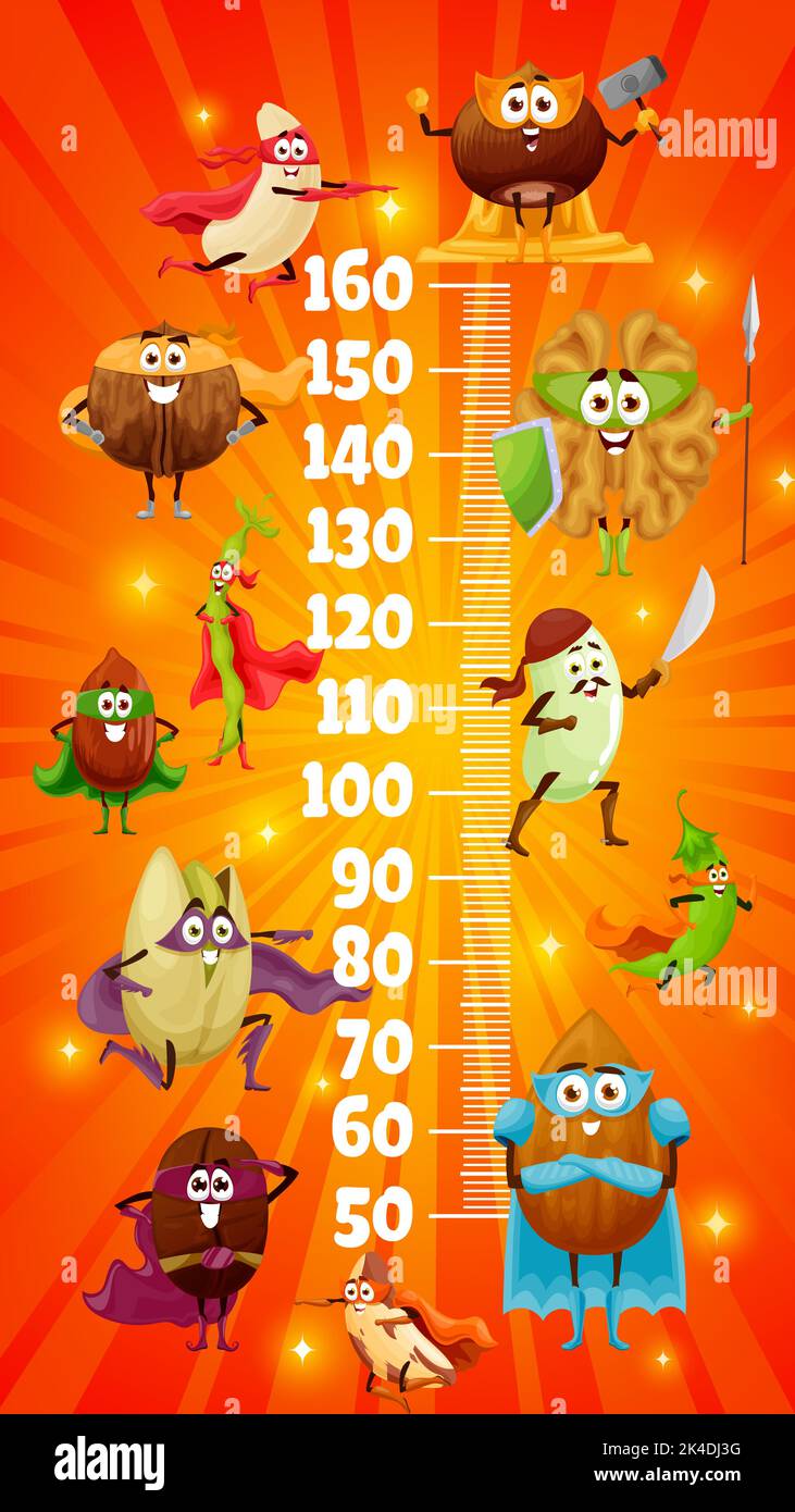 Nuts superhero characters kids height chart growth meter. Vector ruler ...