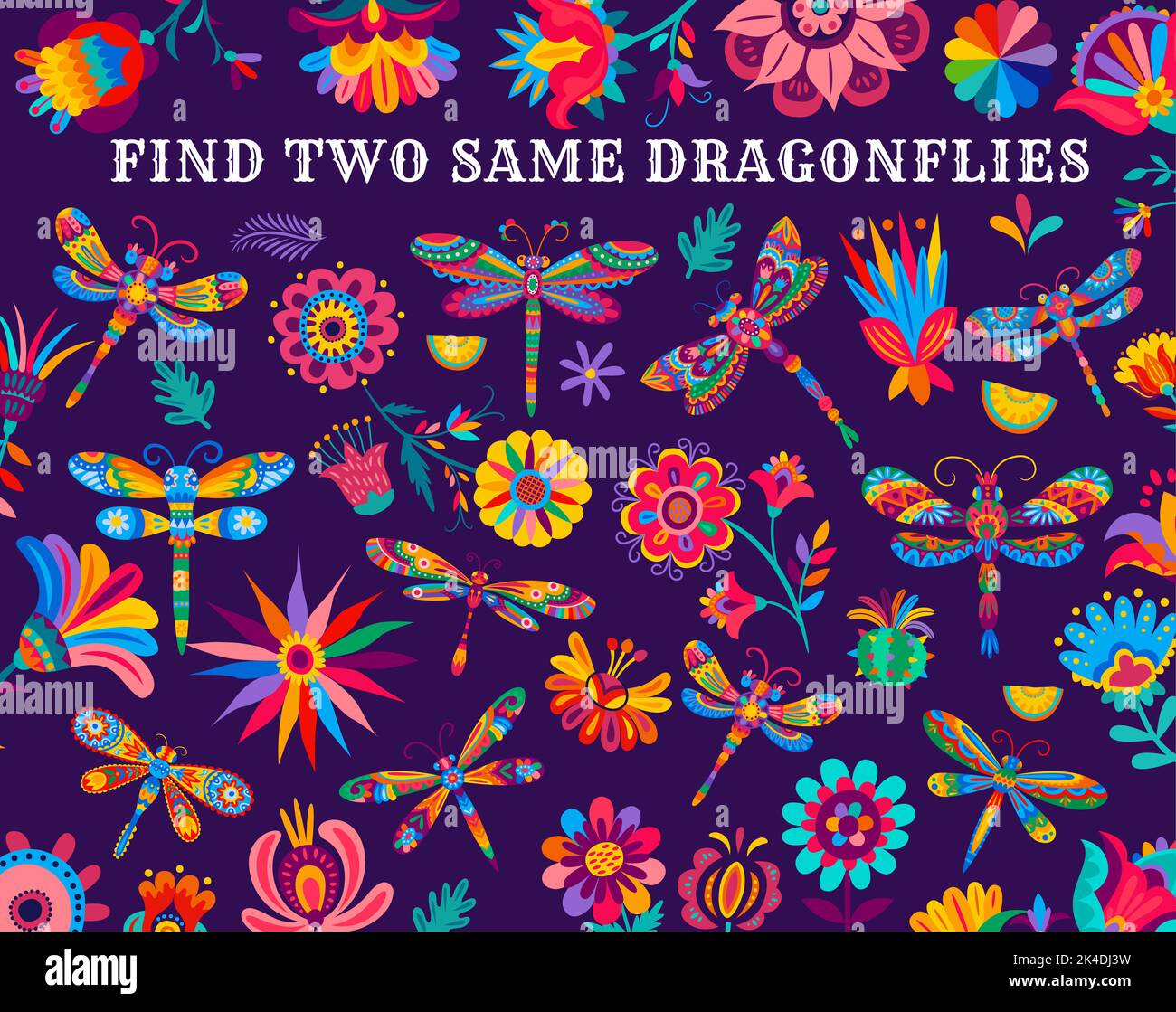 Find two same bright dragonflies, kids game vector worksheet with ...