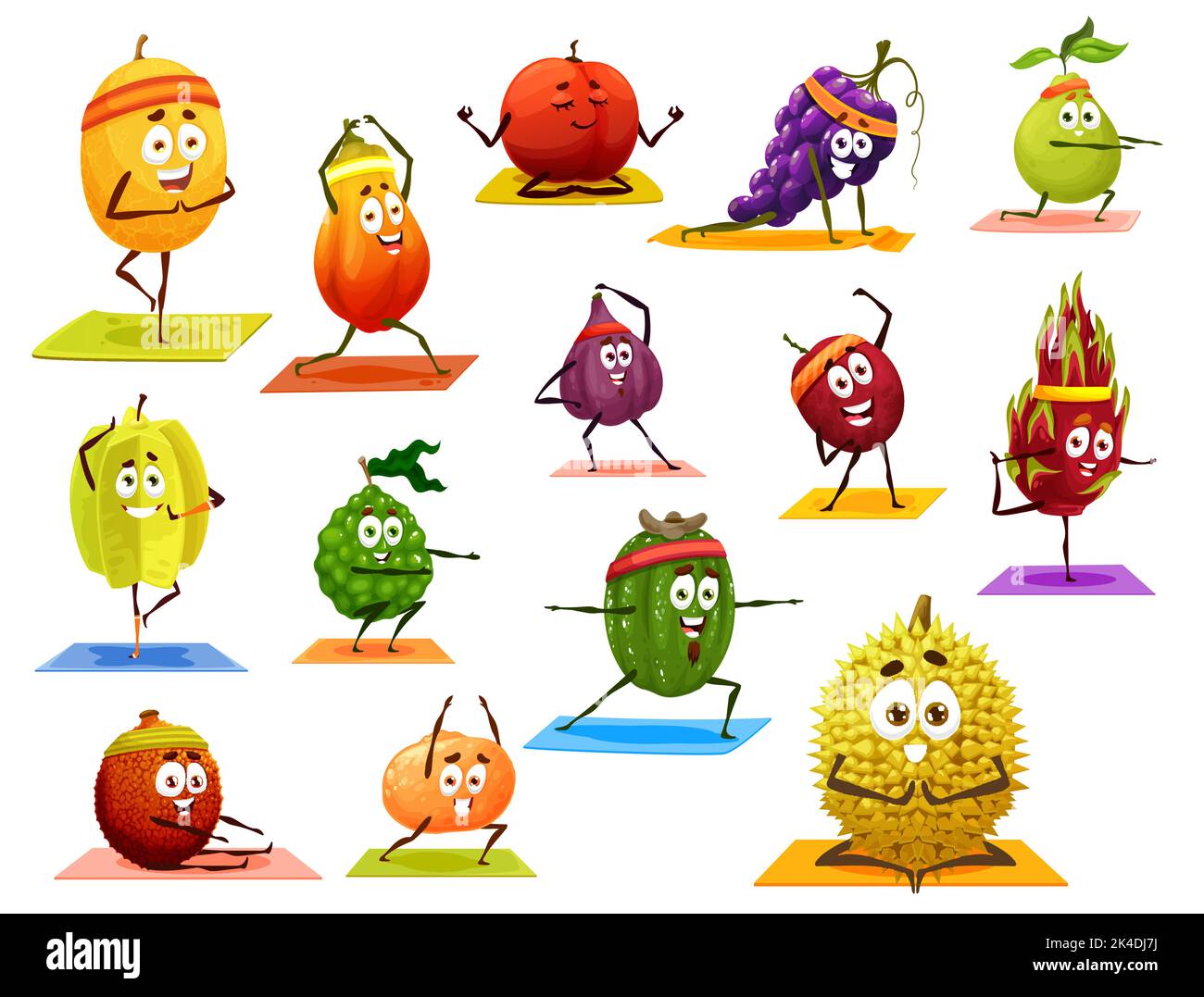 Cartoon isolated fruit characters on yoga, pilates fitness sport. Melon ...