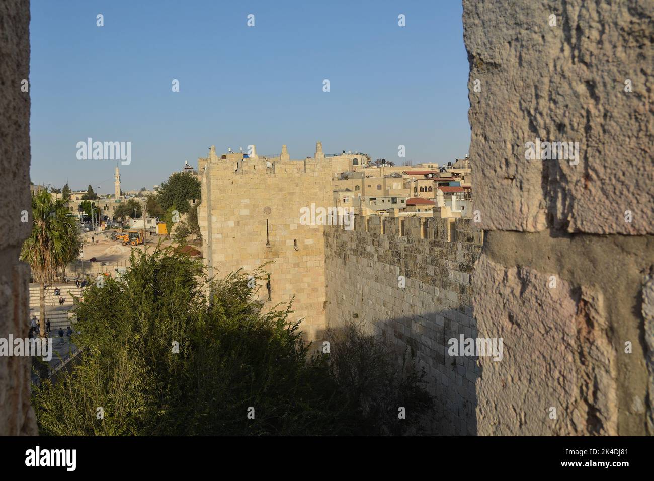 Walls of the Old City in Jerusalem. The cityscape is the historical ...