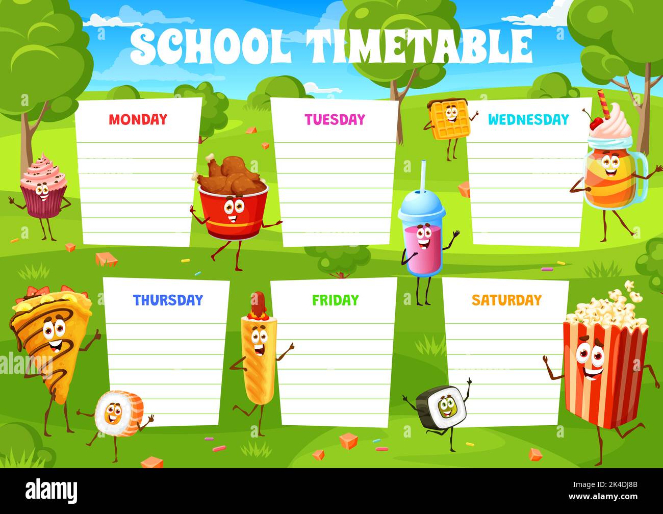 School timetable schedule, cartoon fast food and desserts characters on ...