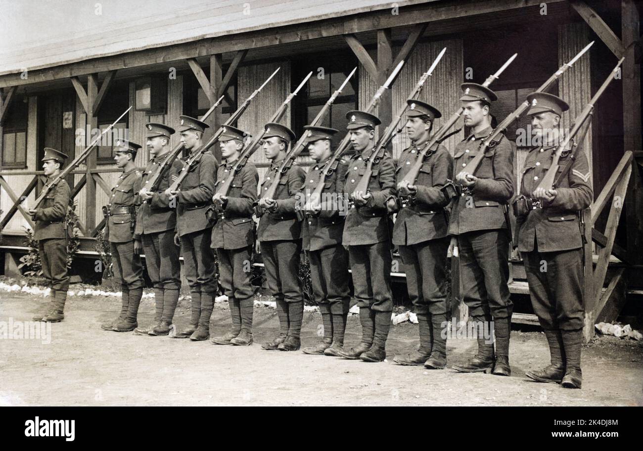 A First World War era picture of British soldiers in a Fusilier regiment at attention with Long ...