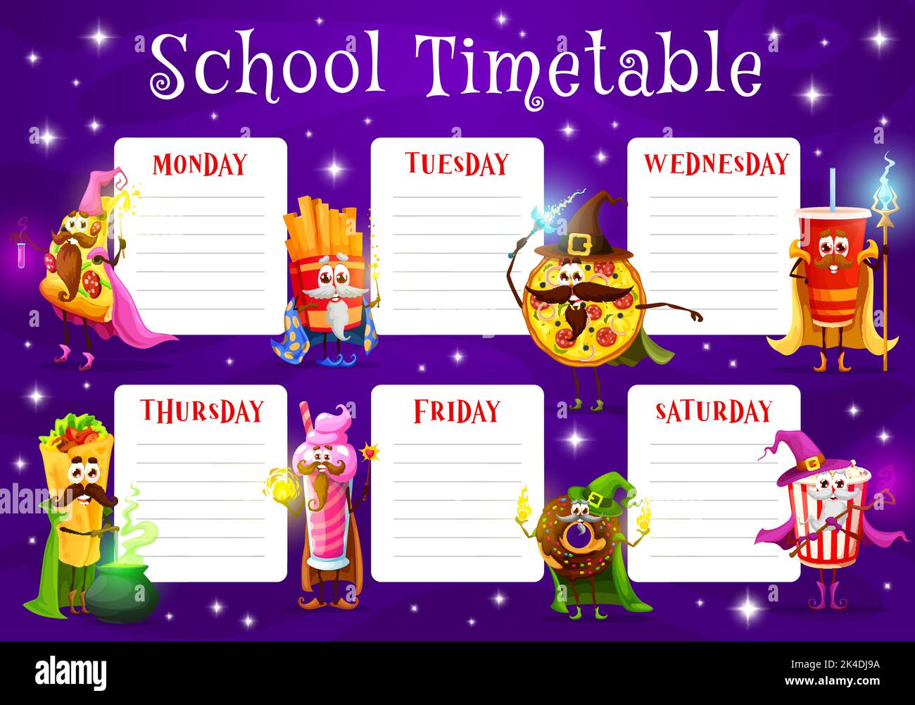 Weekly timetable schedule, fast food cartoon wizard and mage characters ...