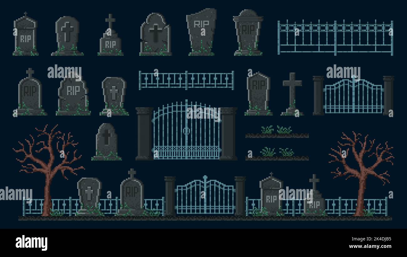Cemetery 8 bit pixel game asset. Gravestone, fence, graveyard and ... Cemetery 8 bit pixel game asset. Gravestone, fence, graveyard and ...