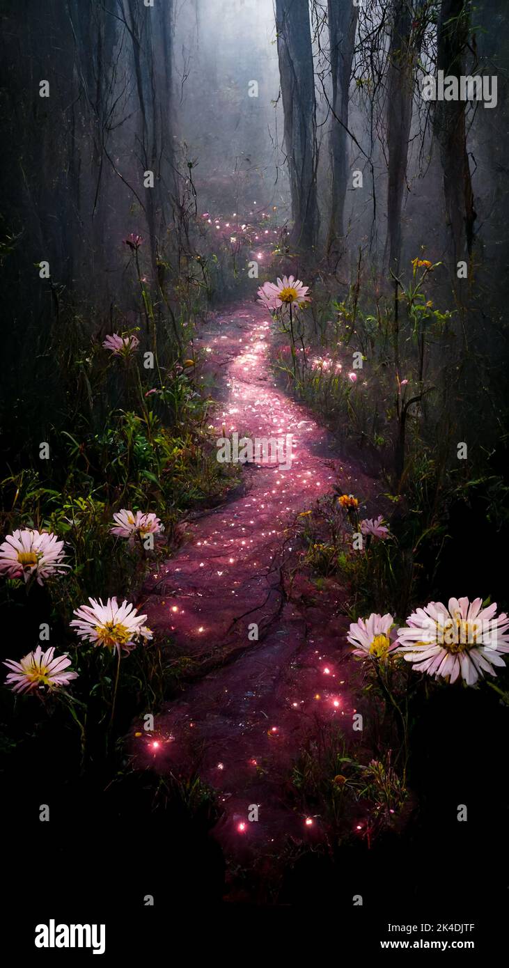 Fantasy fairy tale background with pink daisy flower garden blooming in ...