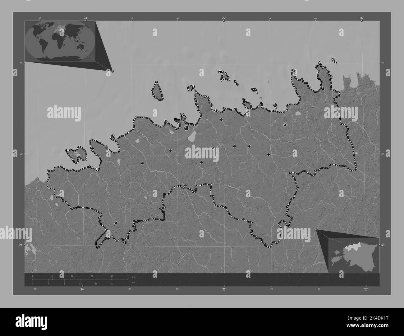 Harju, county of Estonia. Bilevel elevation map with lakes and rivers ...