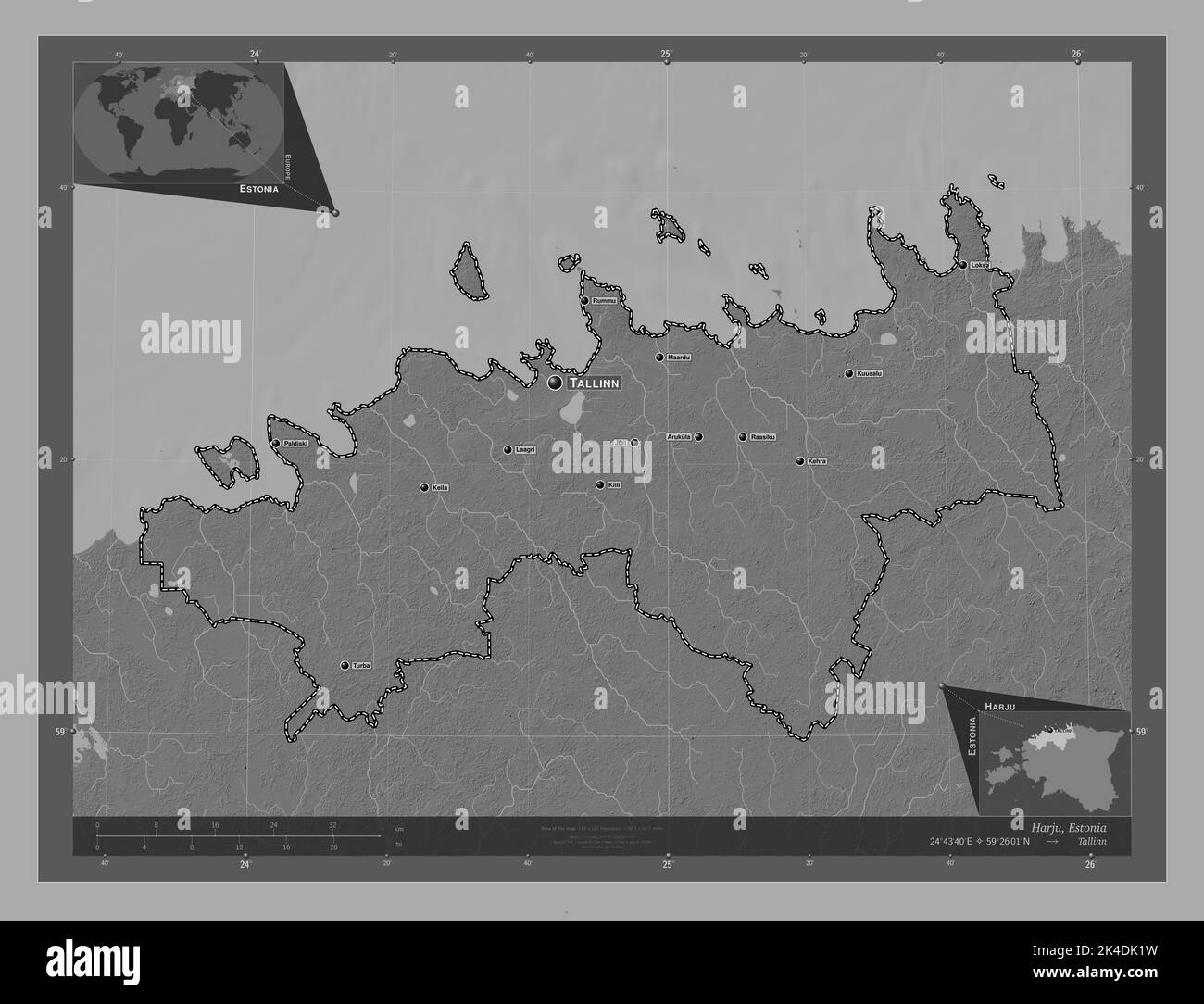 Harju, county of Estonia. Bilevel elevation map with lakes and rivers ...