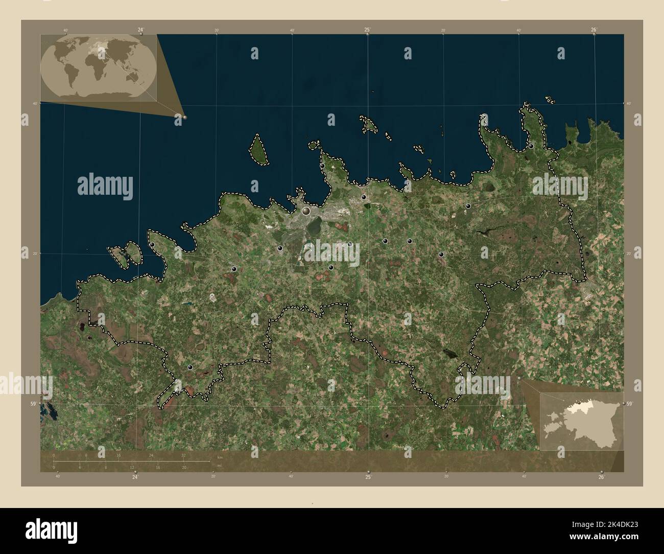 Harju, county of Estonia. High resolution satellite map. Locations of ...