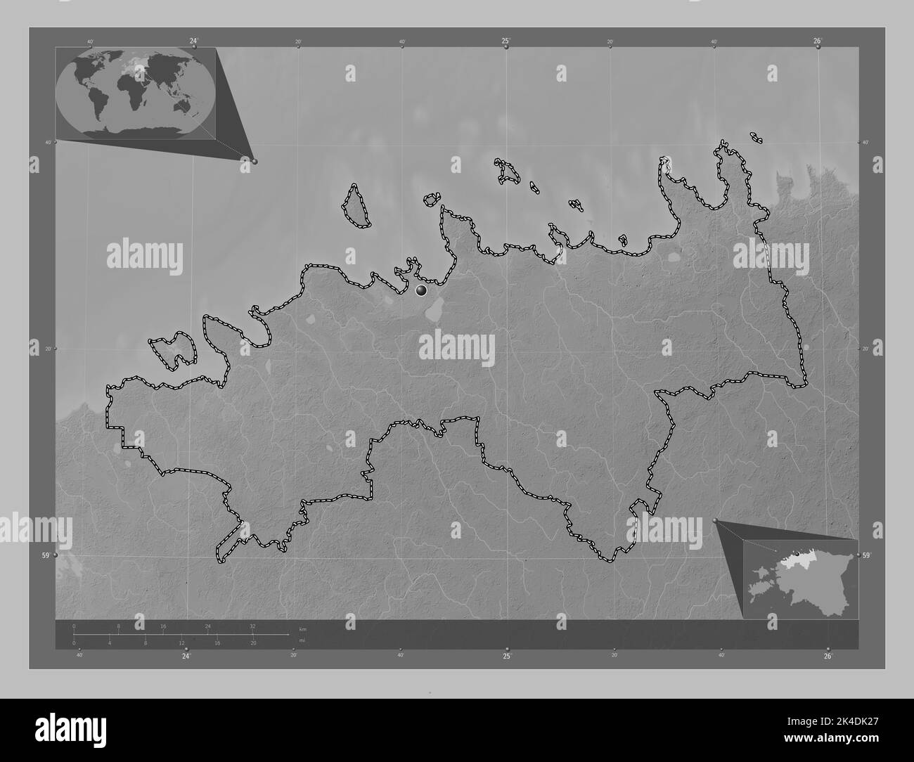 Harju, county of Estonia. Grayscale elevation map with lakes and rivers ...
