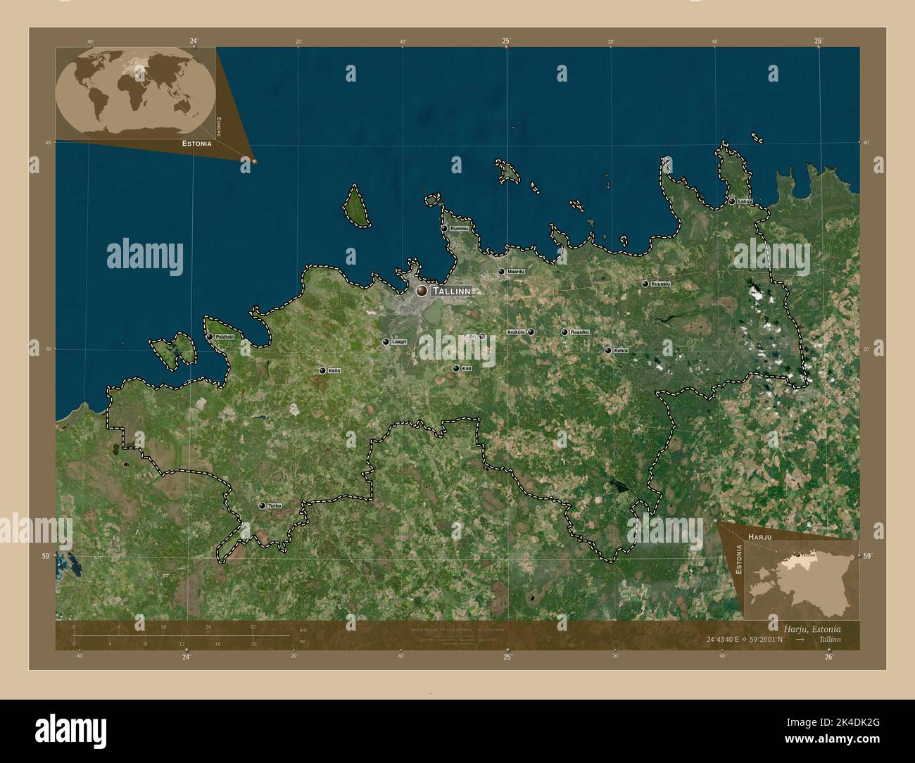 Harju, county of Estonia. Low resolution satellite map. Locations and ...