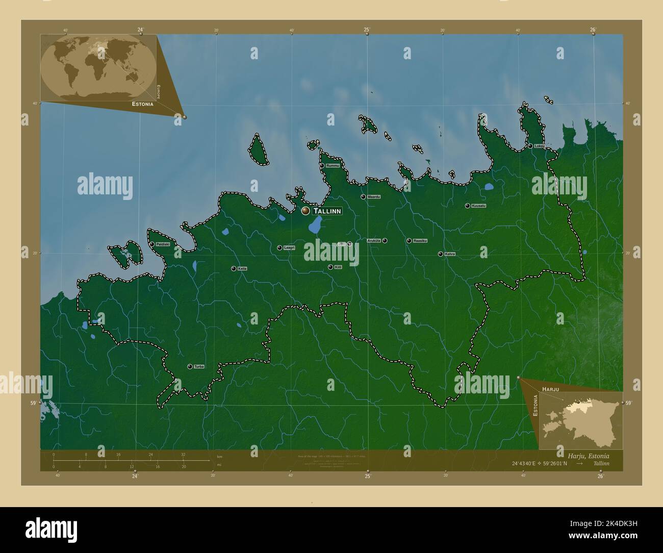 Harju, county of Estonia. Colored elevation map with lakes and rivers ...