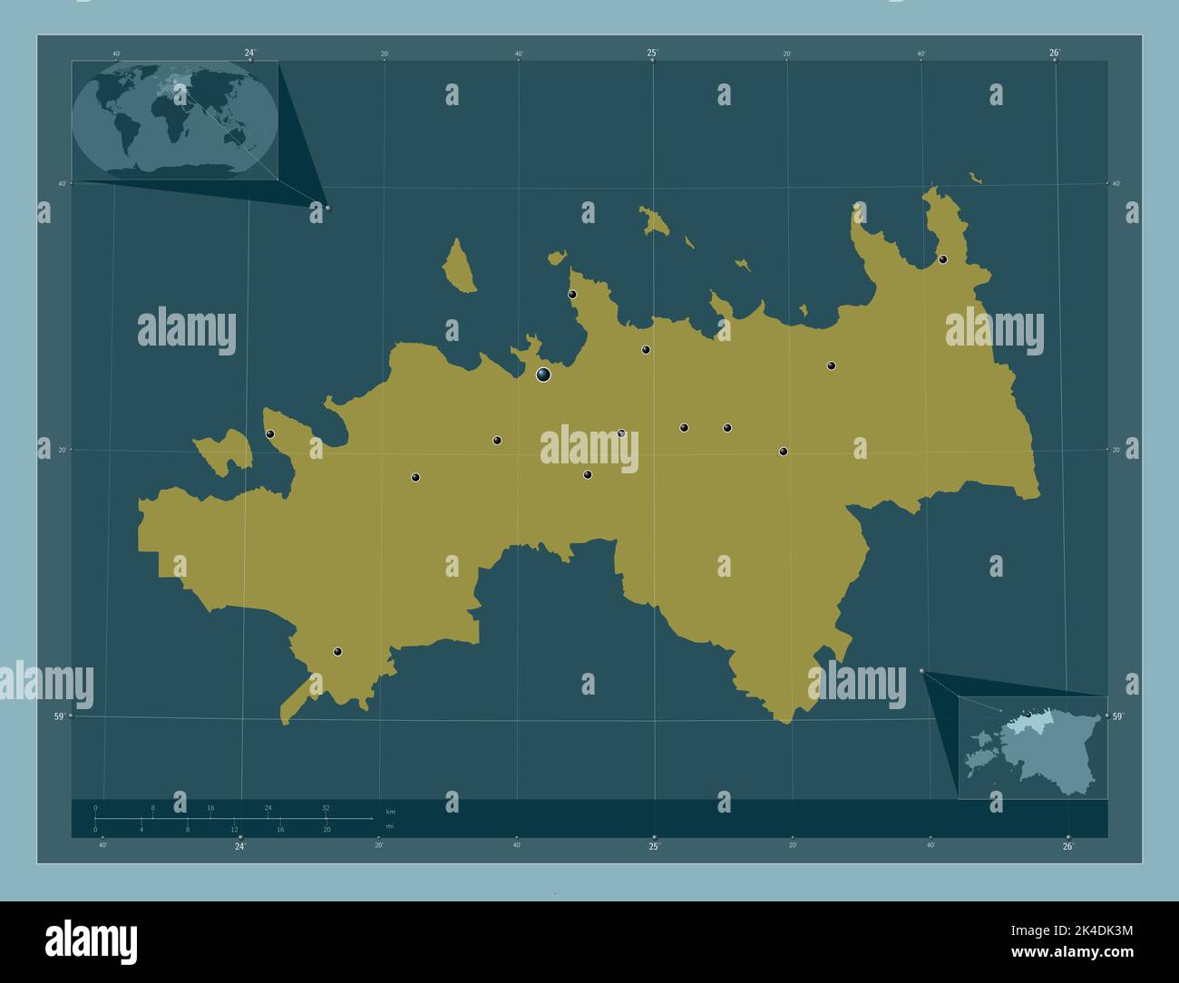 Harju, county of Estonia. Solid color shape. Locations of major cities ...