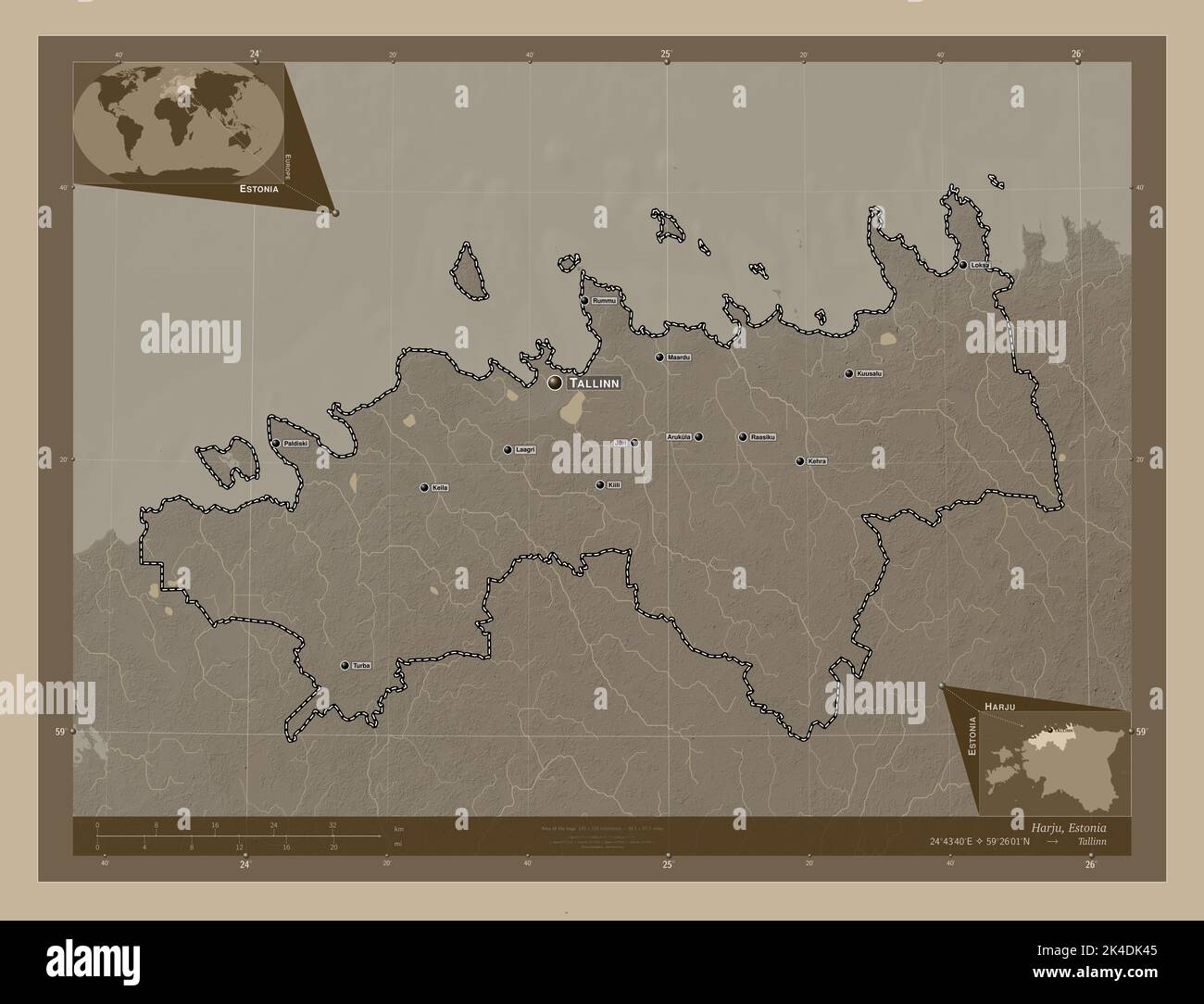 Harju, county of Estonia. Elevation map colored in sepia tones with ...