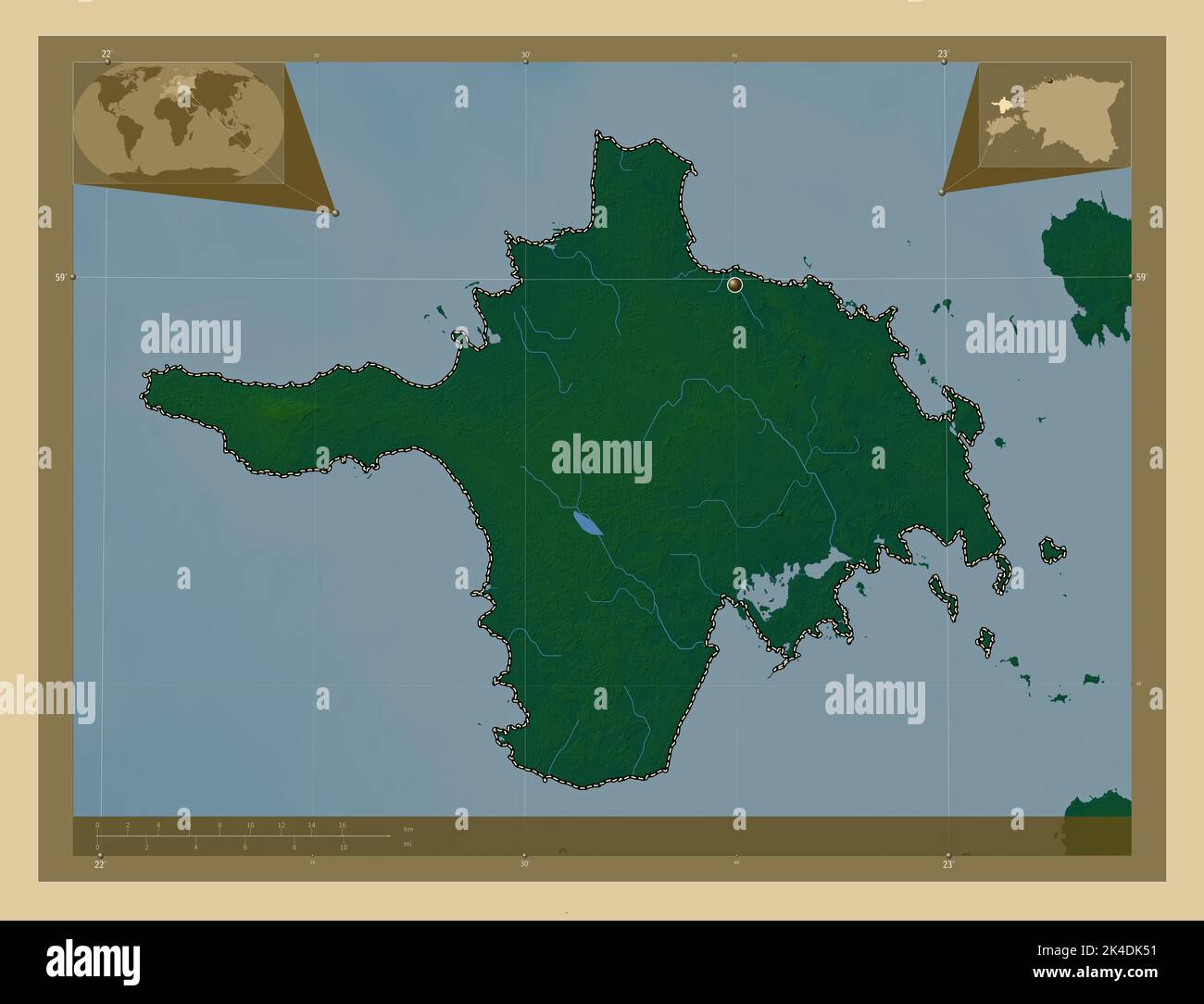 Hiiu, county of Estonia. Colored elevation map with lakes and rivers. Corner auxiliary location ...