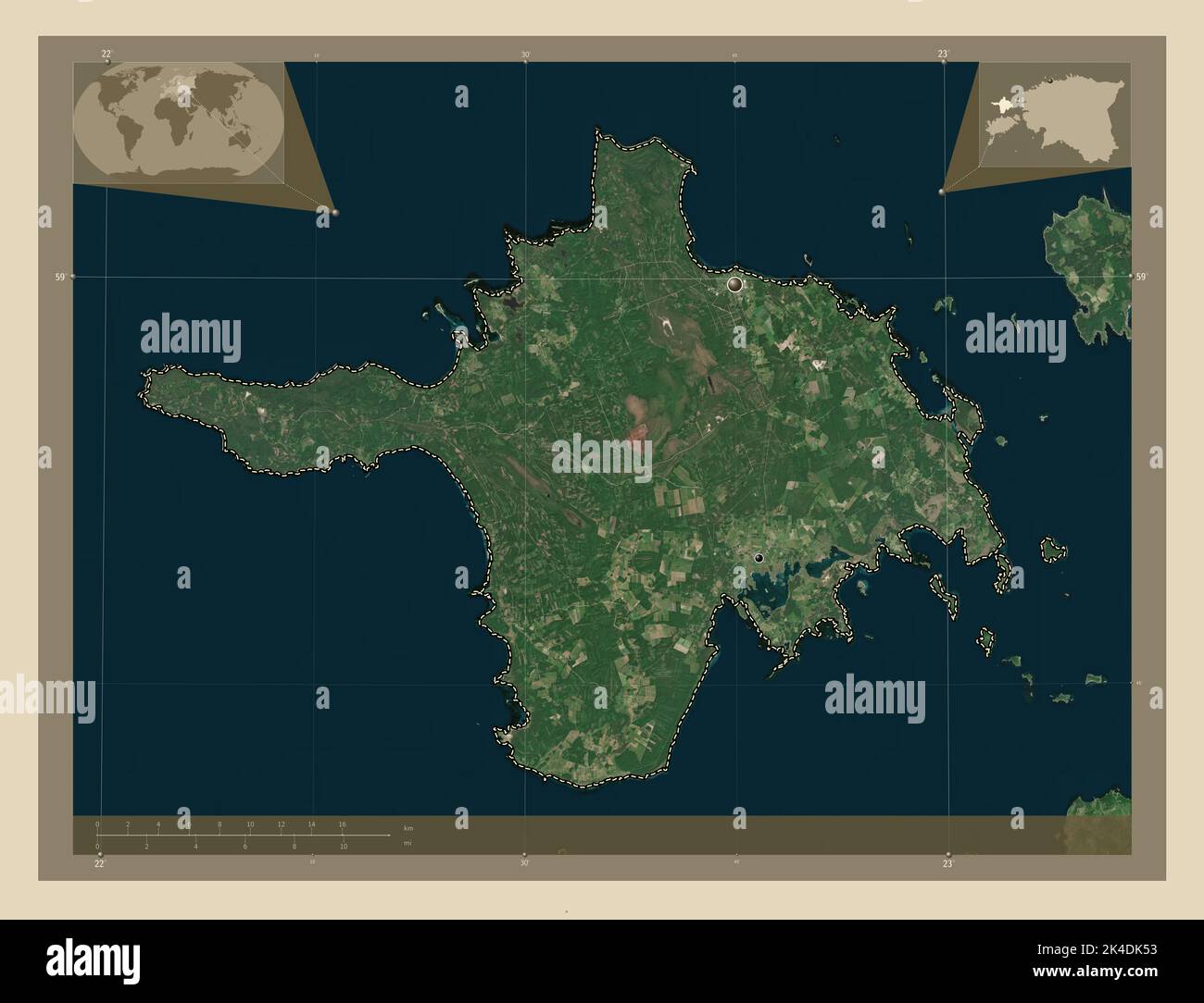 Hiiu, county of Estonia. High resolution satellite map. Locations of major cities of the region ...
